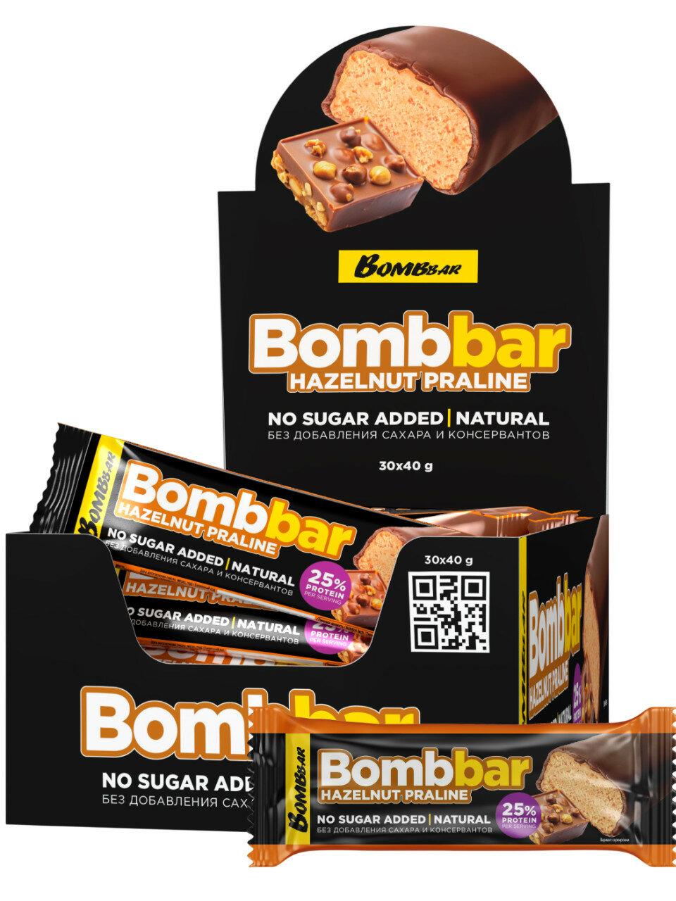 Протеиновый батончик BombBar Батончики в шоколаде без сахара 30 x 40 г, Фундучное пралине