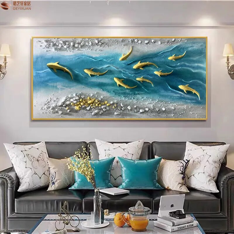 Алмазная мозаика без подрамника (45х90)50х95 "Счастливые рыбки кои", пейзажная алмазная вышивка, роспись стразами