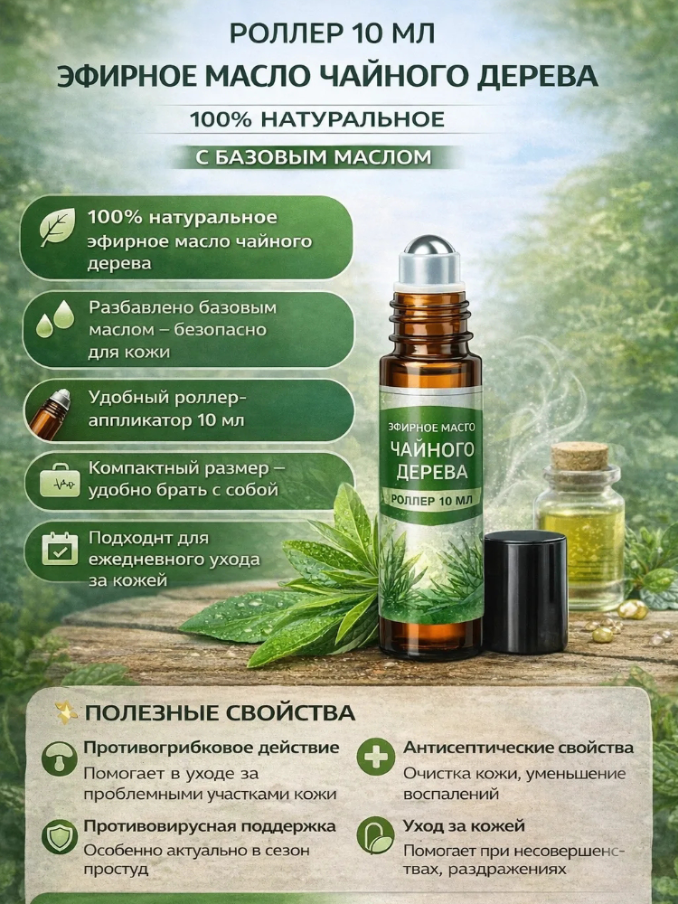 Роллер 10мл, Чайное дерево, 100% натуральное эфирное масло, фракционное кокосовое масло
