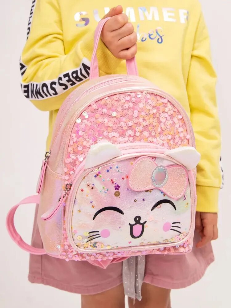 Розовый детский рюкзак с пайетками и принтом котика для девочек, дошкольный, 20x25x10 см