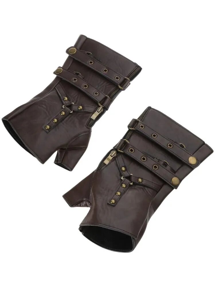 Кожаные краги для хоккея, коричневые перчатки без пальцев для взрослых с ремешками и молниями, средневековый стиль