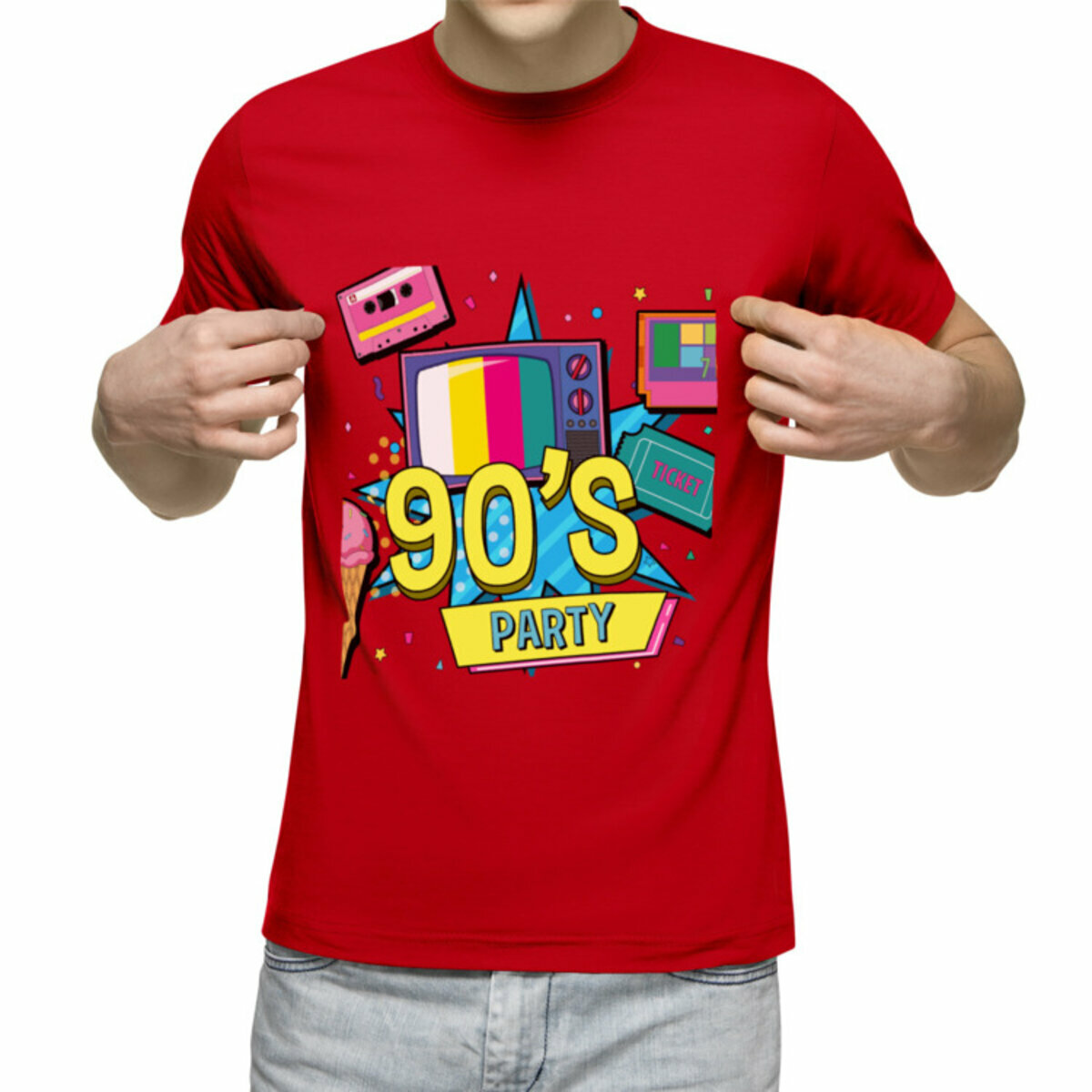 Мужская футболка «Вечеринка 90-х яркий взрыв!» (красный, XL)