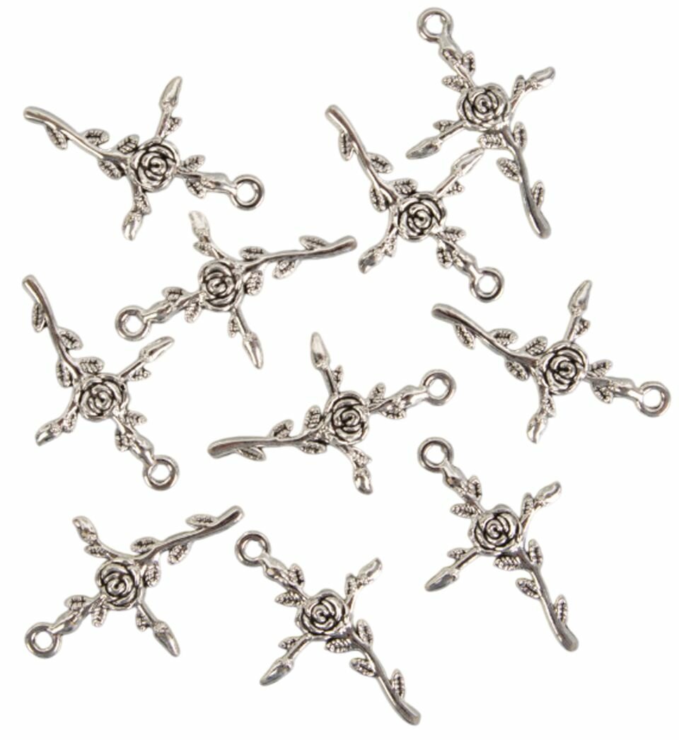 Декоративная подвеска "Роза и крест", набор подвесных металлических заготовок для творчества и рукоделия с петелькой, в комплекте 10 шт, 3.4х2.3х0.2 см