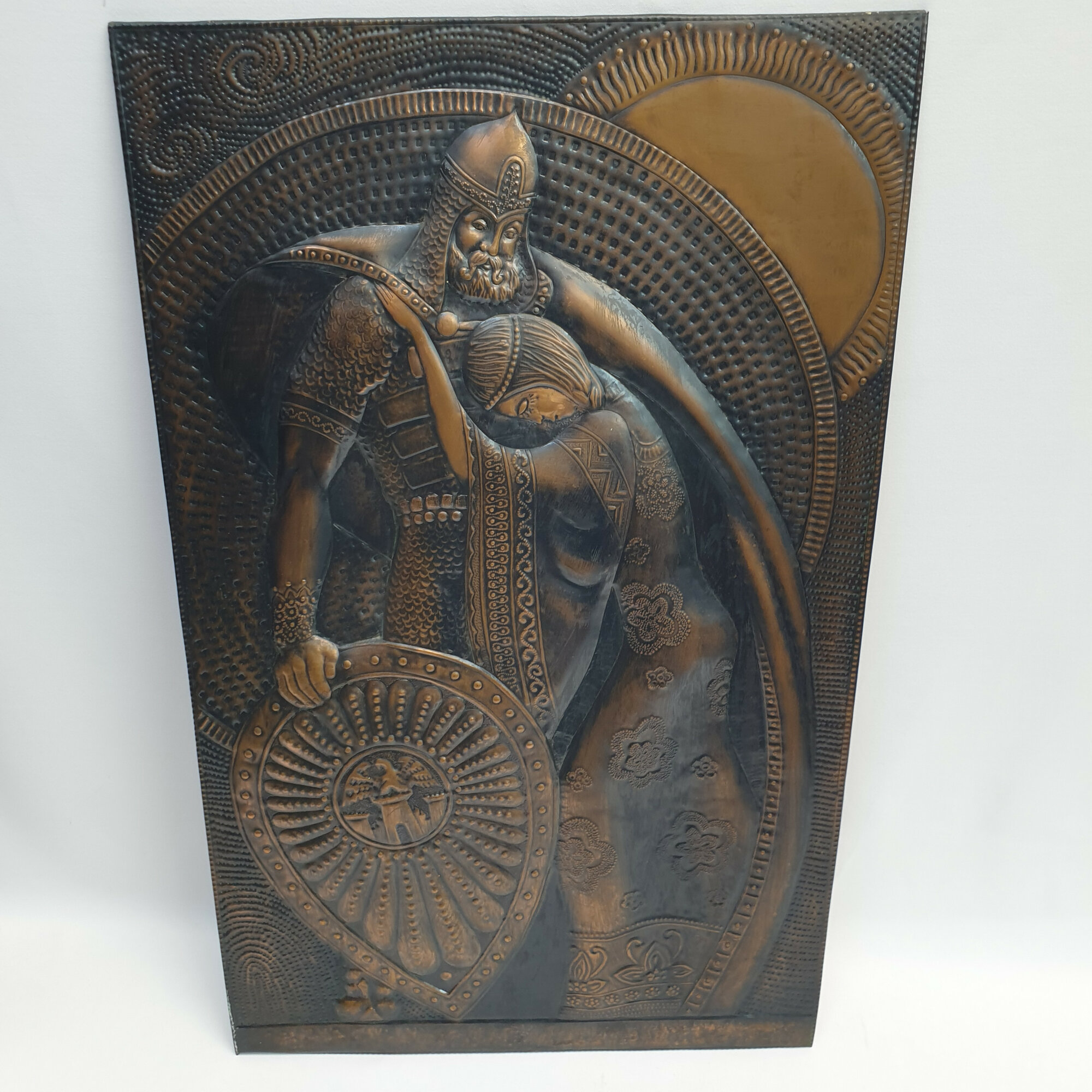 Винтажная чеканка 37х60 см, Витязь и дева, герб орла СССР