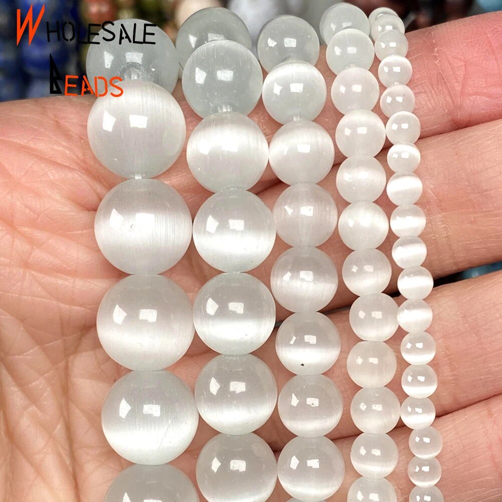 Бусины-разделители из натурального белого камня кошачий глаз, 4/6/8/10/12 мм, круглые бусины россыпью для изготовления ювелирных изделий своими руками, аксессуары для браслетов ручной работы