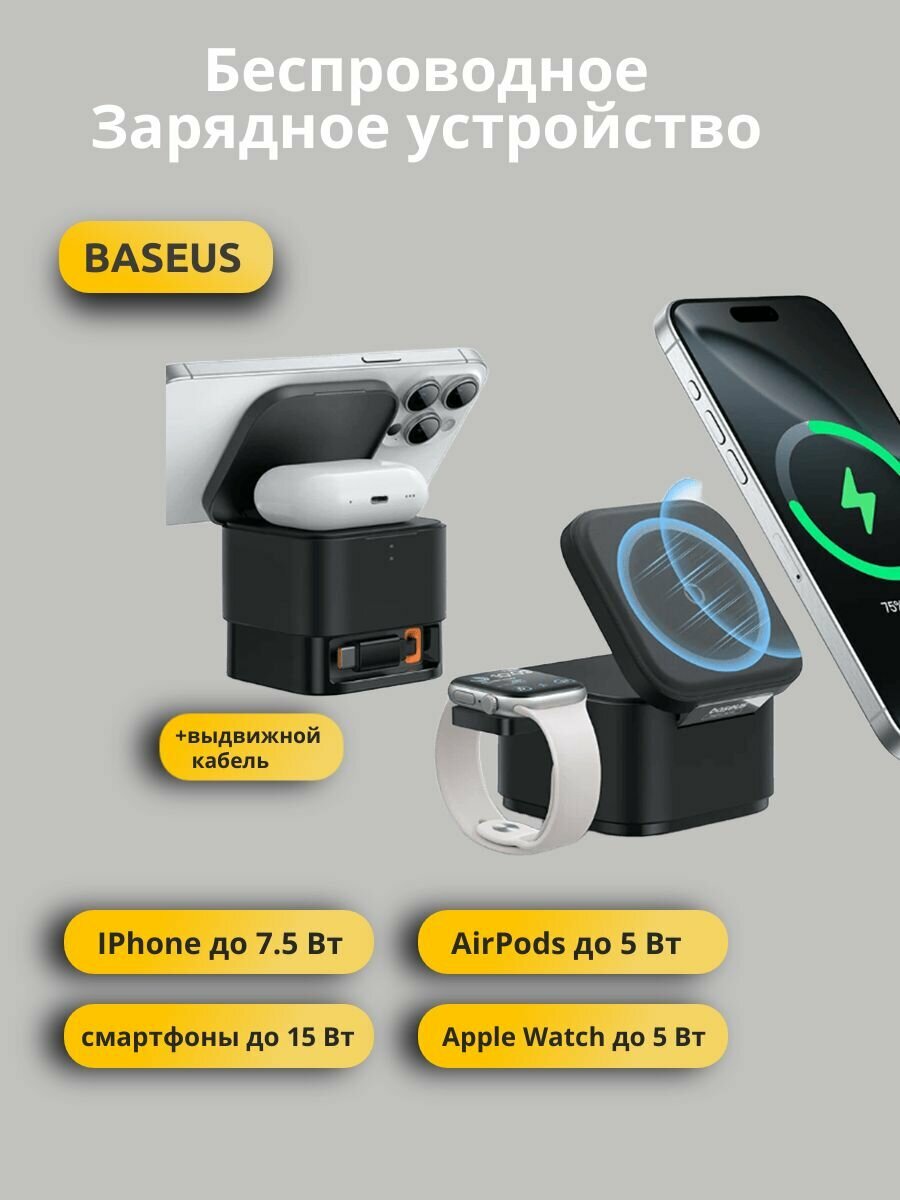 Беспроводное магнитное зарядное устройство Baseus MagPro 3-in-1 для Iphone 7.5W, для AirPods и Apple Watch 5W (P10264100123-01)