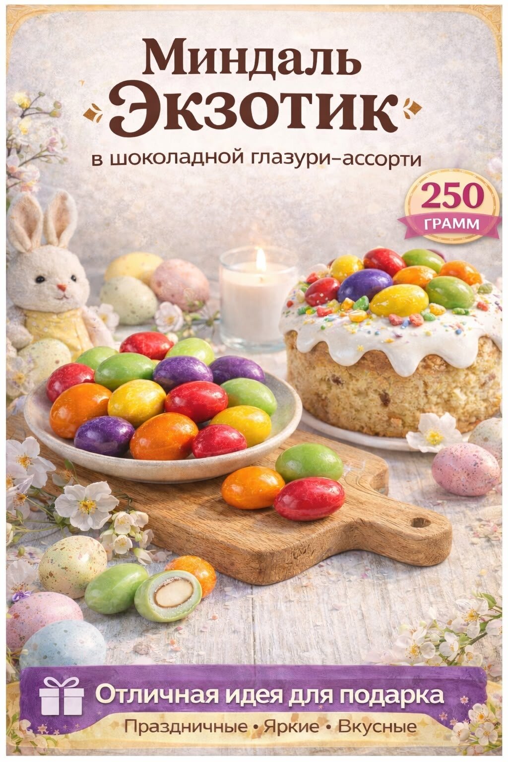 Миндаль в шоколадной глазури "Экзотик" ассорти (со вкусами ежевика, лимон, малина, яблоко, манго) 250 г