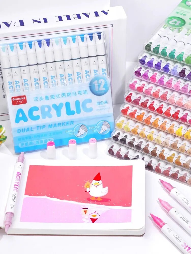 Набор маркеров GuangNa ACRYLIC DUAL TIP MARKER, 12 шт. белые и серые цвета для рисования и творчества — фото 1