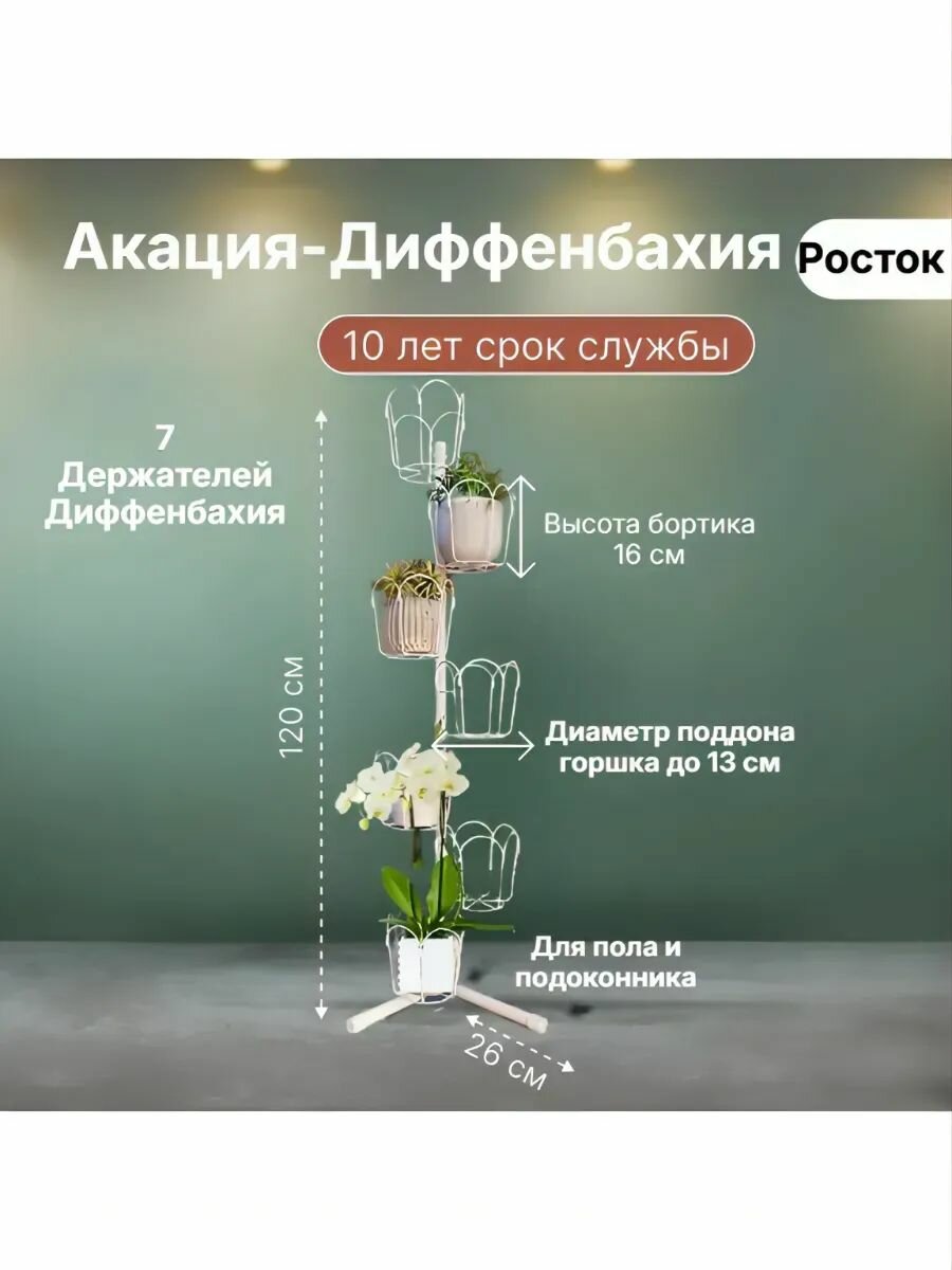 Подставка для цветов на подоконник "Акация-Диффенбахия" угловая на 7 горшков для орхидей и высоких растений