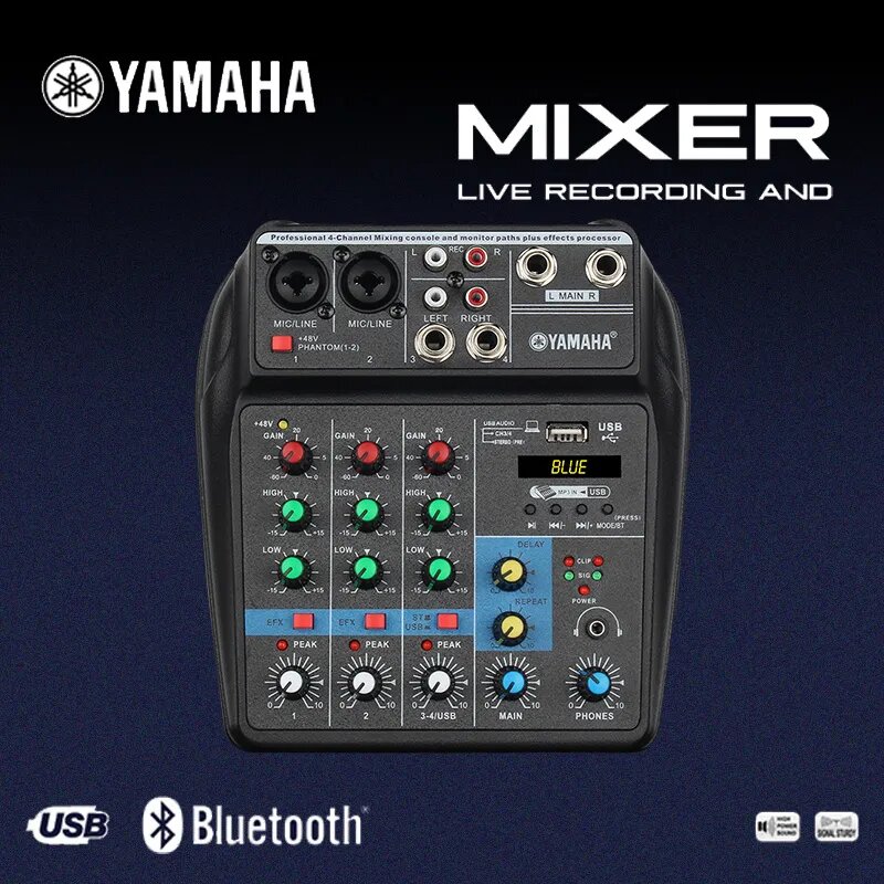 YAMAHA AG04 это полнофункциональный четырехканальный мини-микшер со встроенной звуковой картой, Bluetooth, USB-подключением, а также эквалайзером и различными эффектами реверберации.