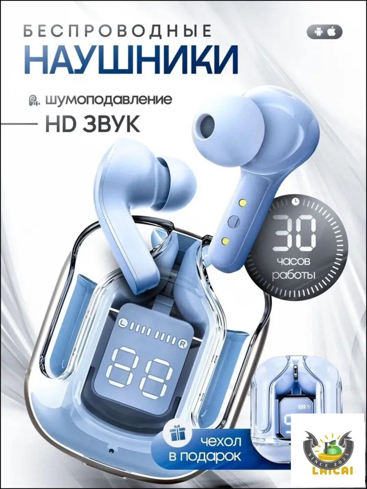 Наушники беспроводные с микрофоном, синий, белый