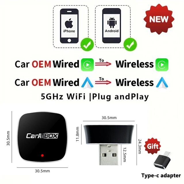 Беспроводной адаптер CarAiBOX CarPlay с USB-интерфейсом, работает по принципу Plug and Play, интеллектуально подключается к вашему телефону и автоматически подключается к CarPlay.