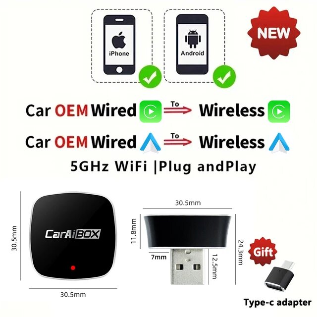 Беспроводной адаптер EKY CarPlay, беспроводной автомобильный интеллектуальный блок Android с функцией искусственного интеллекта, система 2-в-1, подходит для автомобилей с проводным CarPlay.