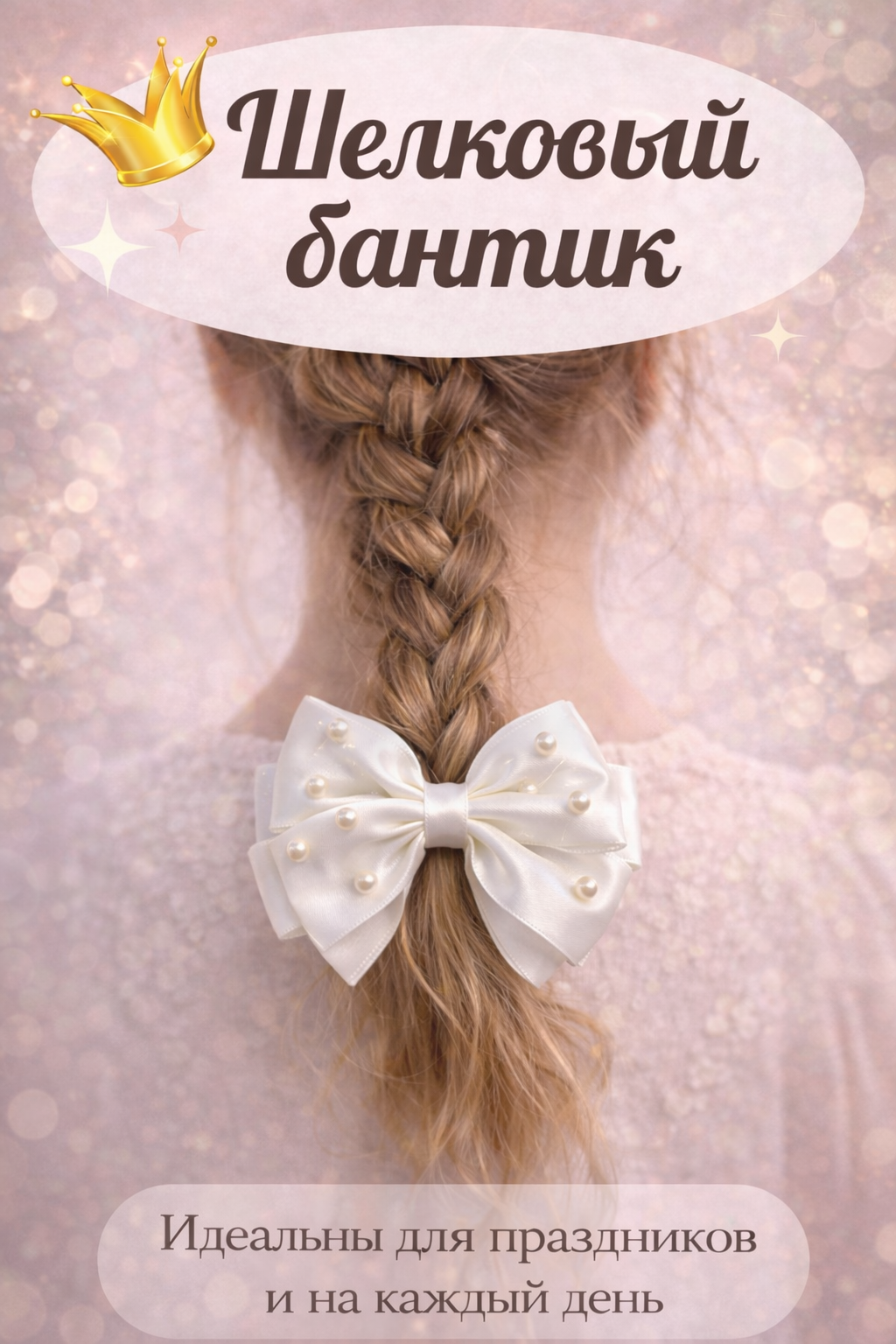 Бант с жемчужинками, шелковый, на резинке, белый, 1 штука