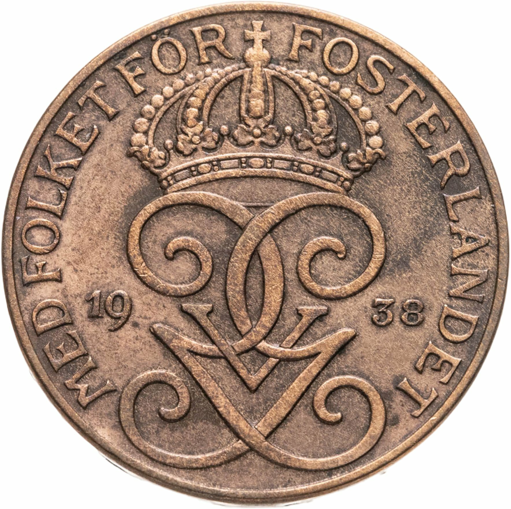 Швеция 5 эре ore 1938, Бронза, в сохранности VF