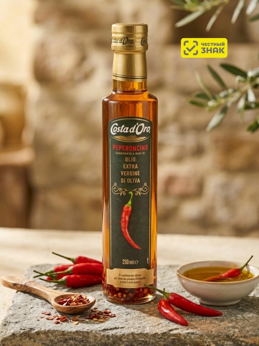 Масло оливковое COSTA D'ORO Extra Virgin нерафинированное со вкусом и ароматом перца чили 250 мл стеклянная бутылка