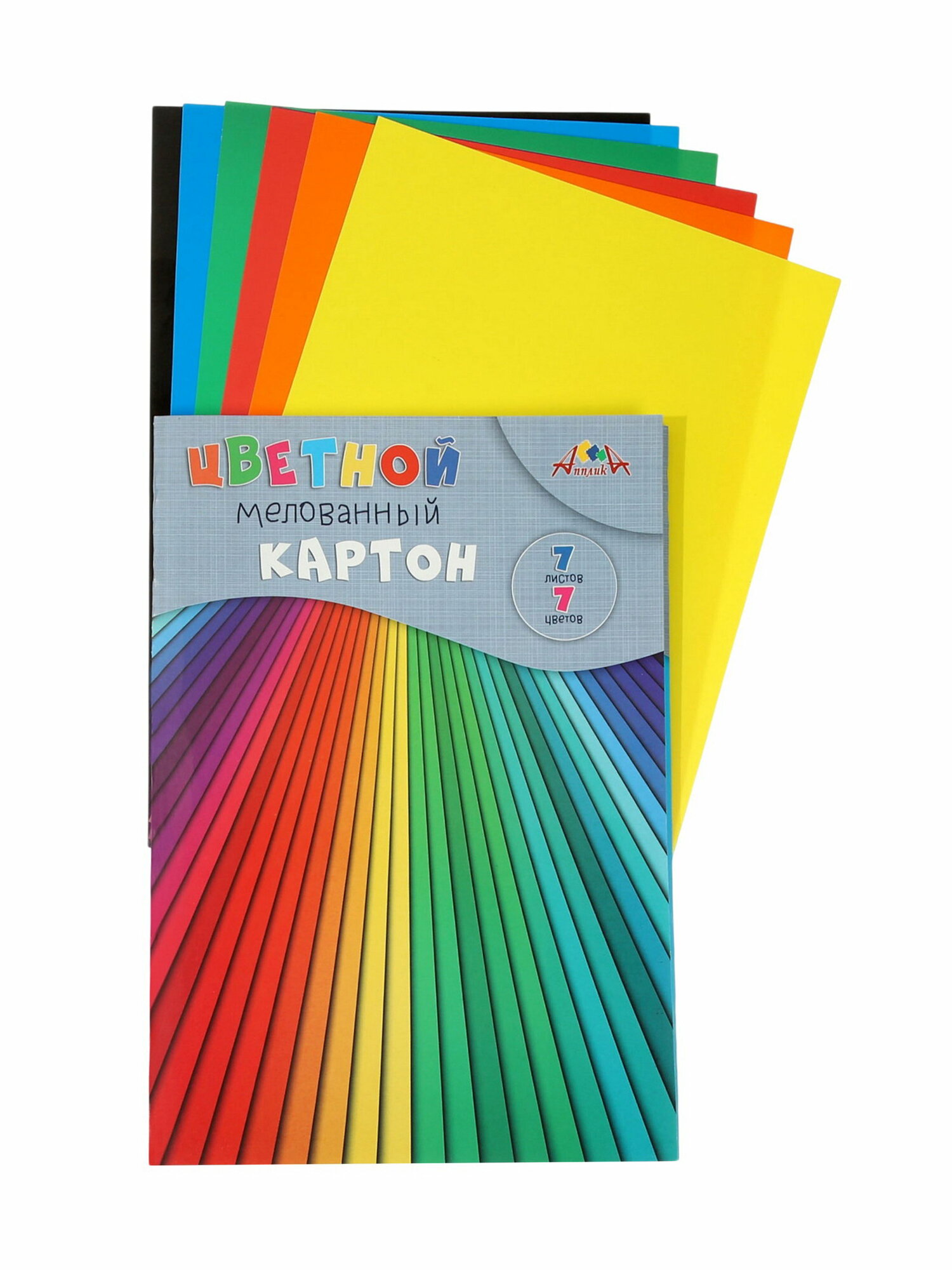 Картон цветной А4 "Разноцветные полоски", 7 листов, 7 цветов, 205 г/?2, 1-сторонняя, мелованная, в папке, 3 шт.