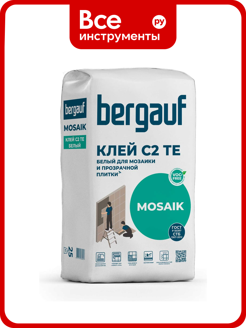 Клей Bergauf Mosaik белый для мозаики и прозрачной плитки, цементный состав, водостойкий, термостойкий для помещений