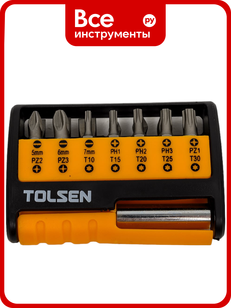 Набор вставок бит 1/4" PH, PZ, SL, Torx, 15 предметов TOLSEN 20365, односторонние стальные вставки из S2 с футляром