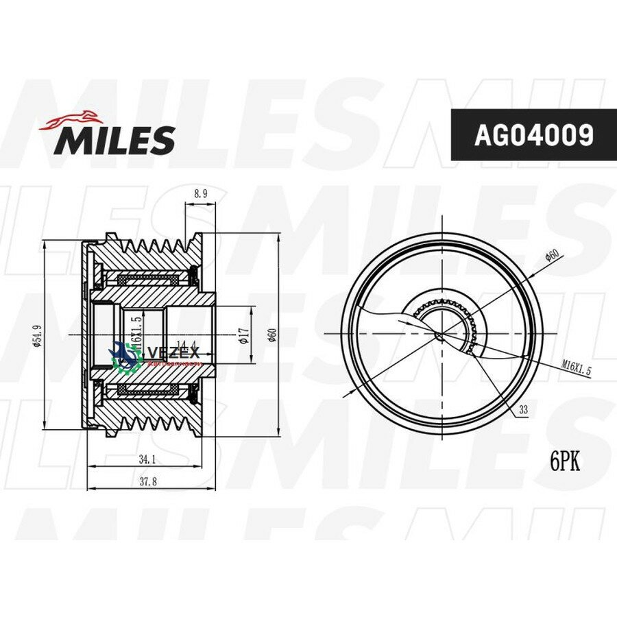MILES AG04009 Муфта свободного хода генератора HYUNDAI SANTA FE/KIA SORENTO 2.4 09- AG04009