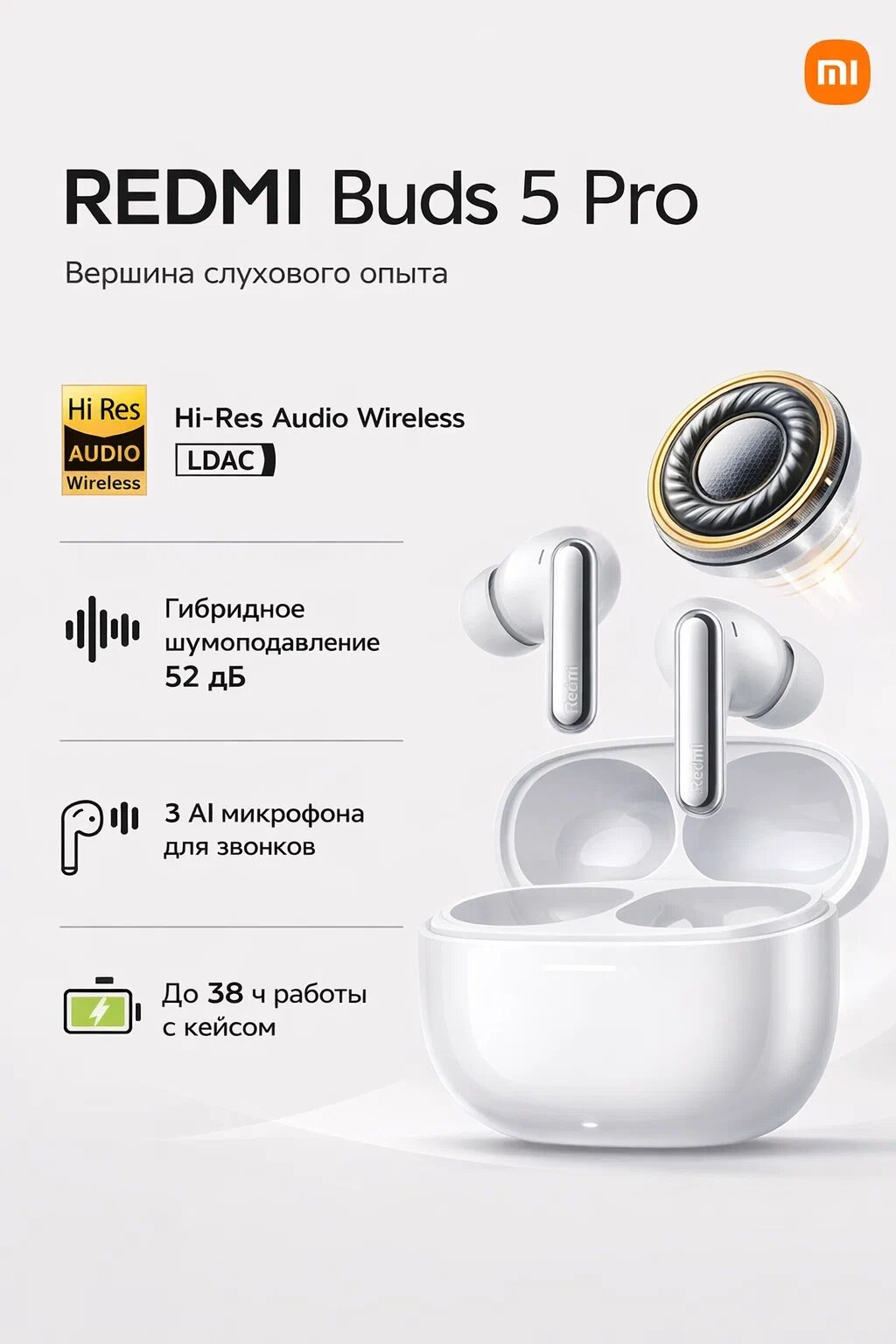 Наушники беспроводные Xiaomi Redmi Buds 5 Pro White, ANC, влагозащита, беспроводные наушники ксиоми редми белые Buds 5 Pro (M2317E1)