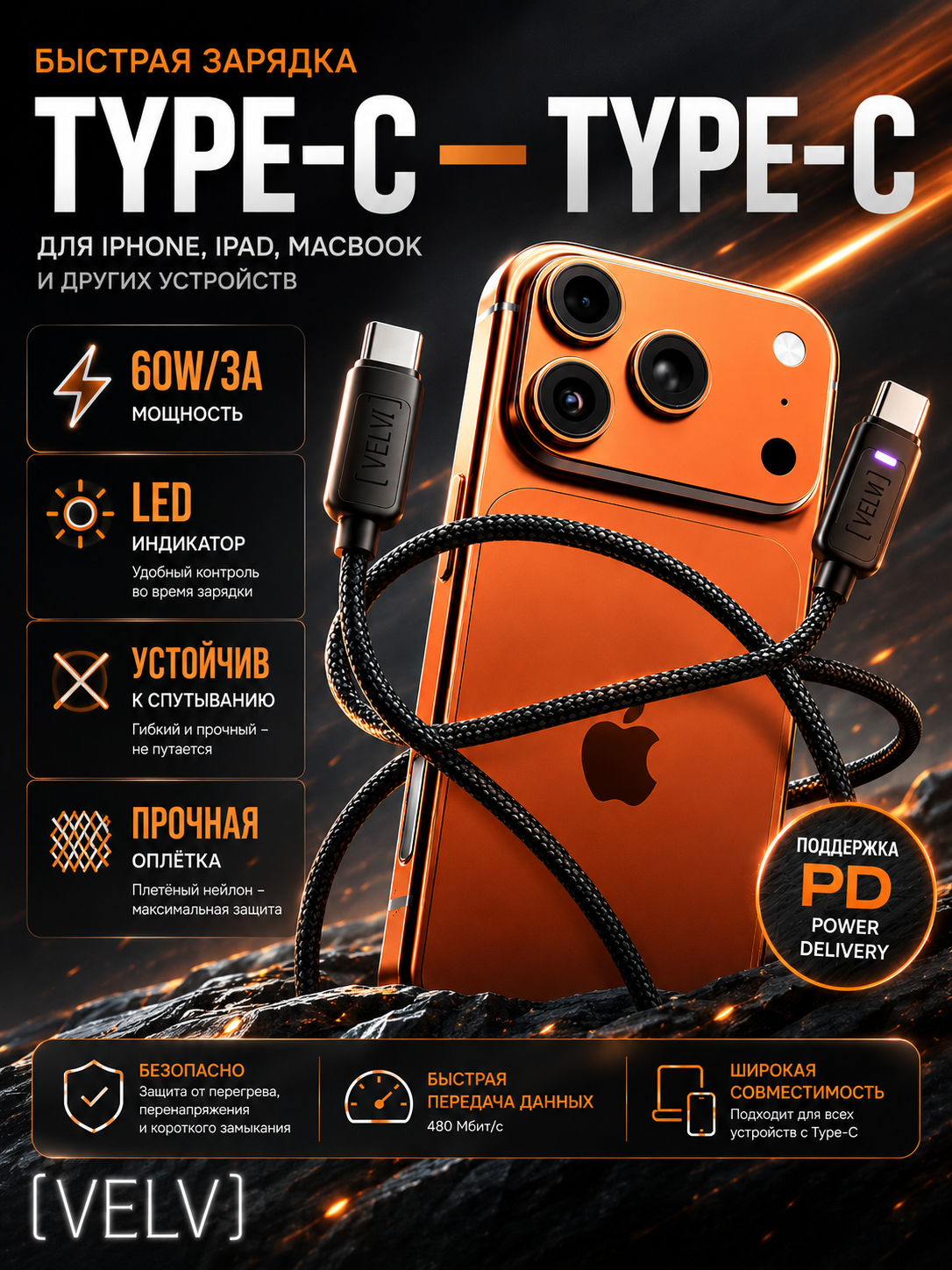 Кабель Type-C to Type-C 1m 60W VELV быстрая зарядка, нейлоновый
