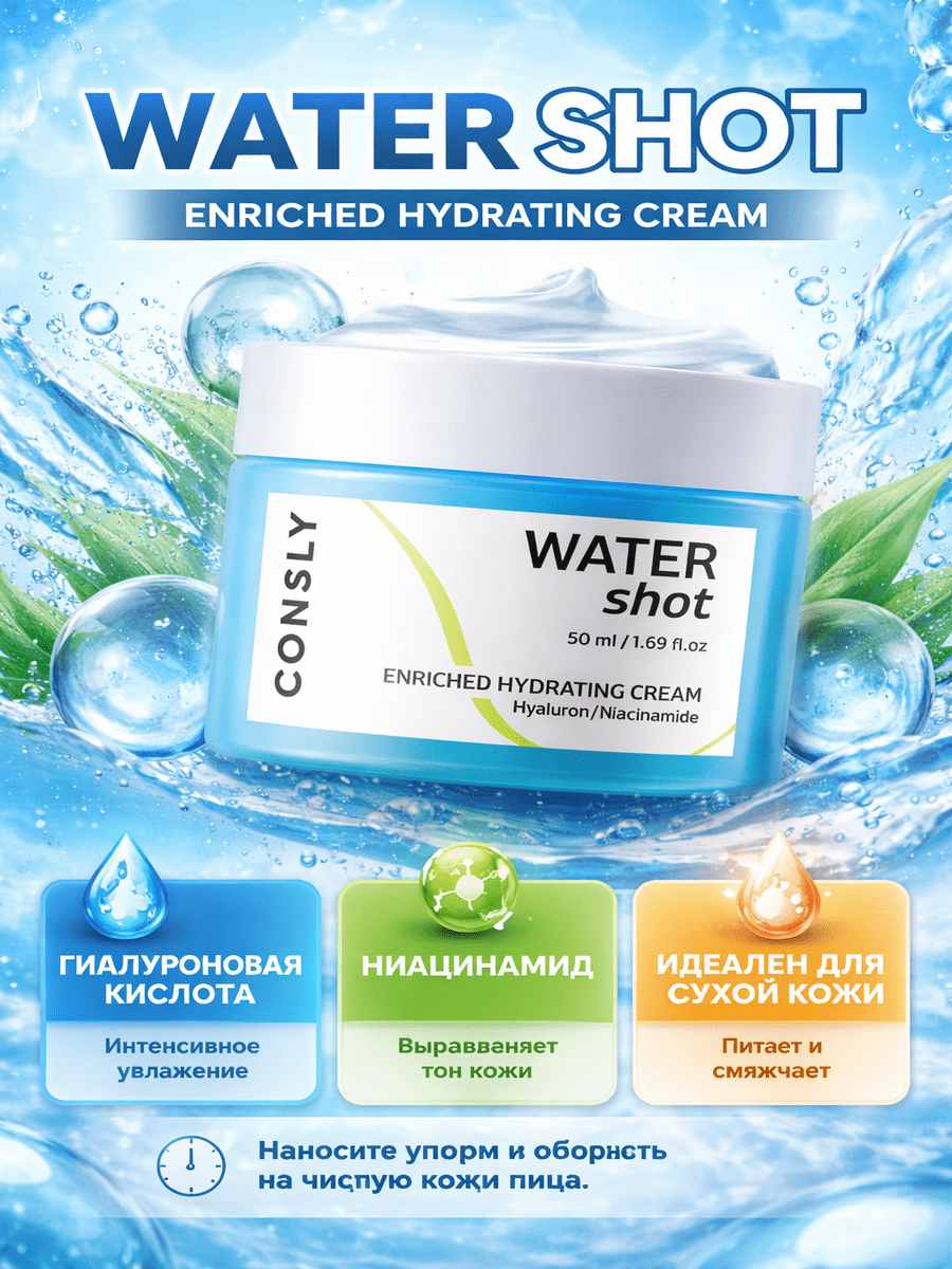 Крем для лица Consly Water Shot Enriched Hydrating с гиалуроном и ниацинамидом, 50мл
