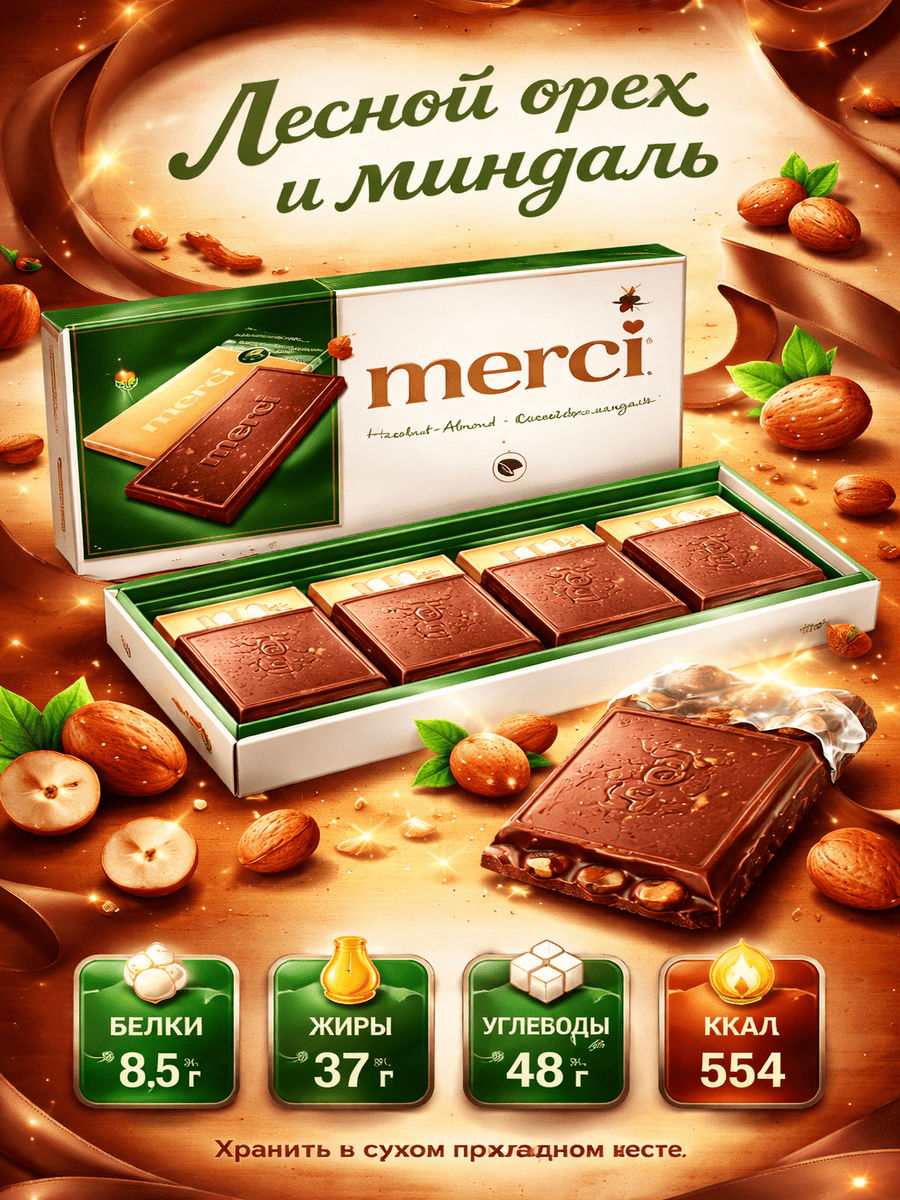 Шоколад Merci Лесной орех и миндаль, 100г