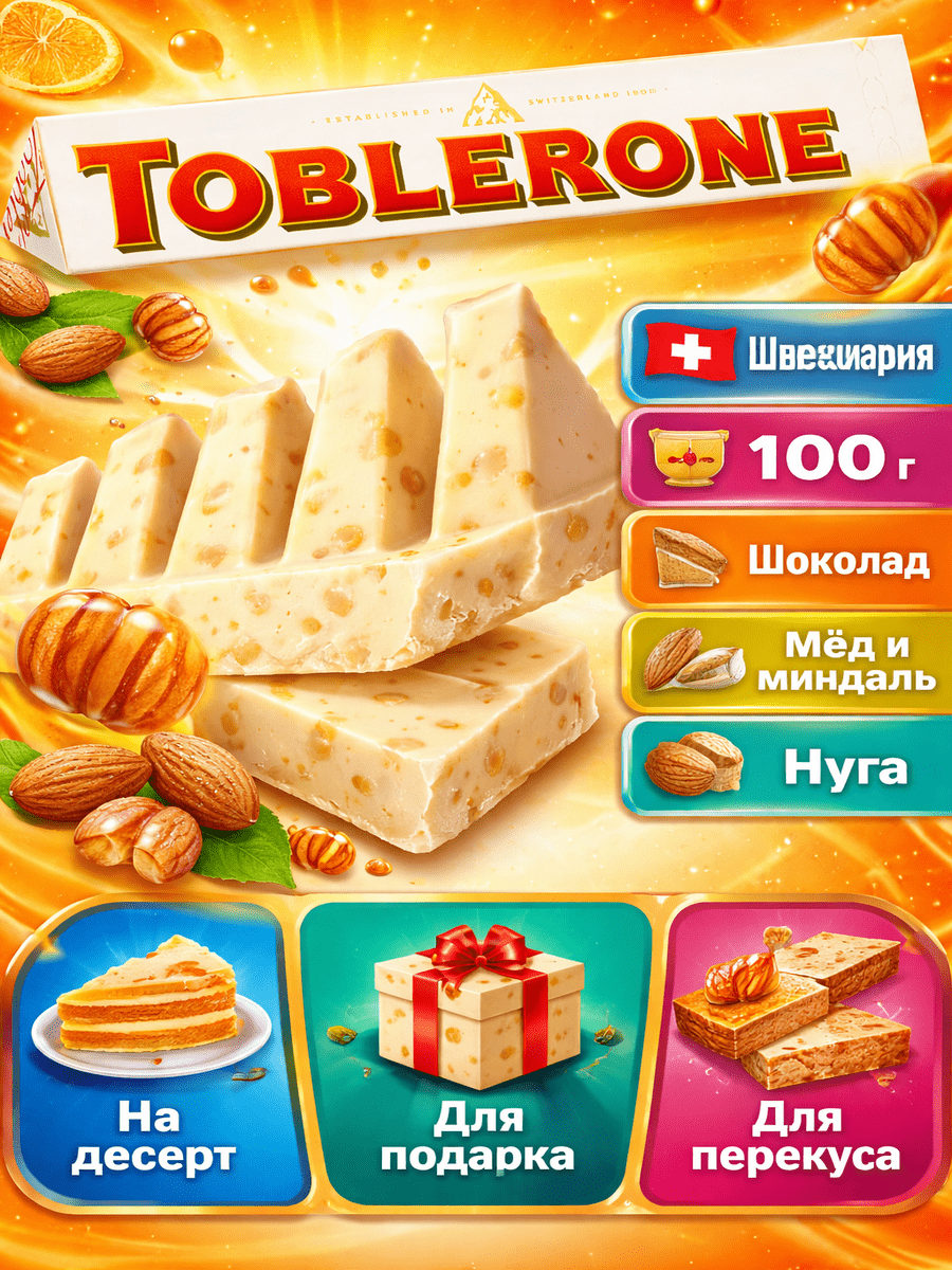 Шоколад Toblerone белый с медово-миндальной нугой, 100г