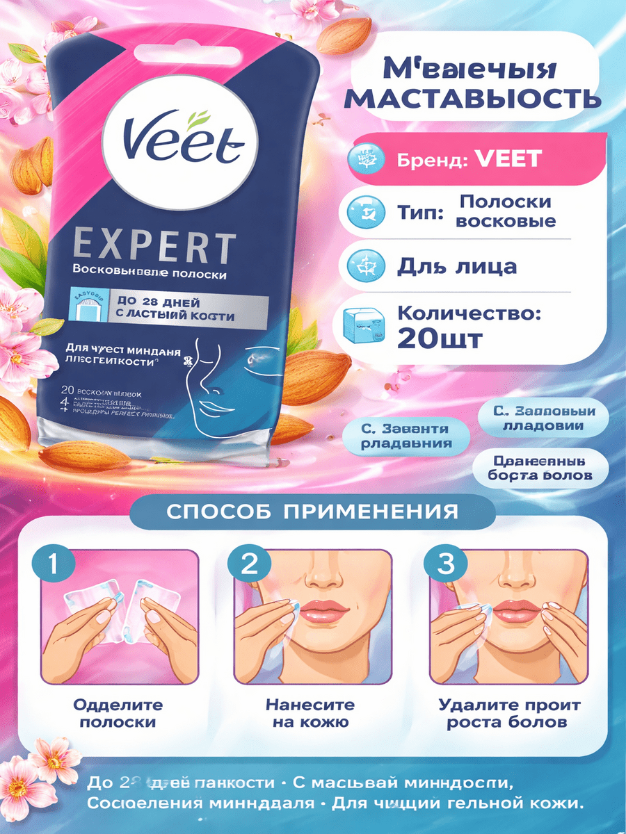 Полоски восковые Veet Expert для лица для чувствительной кожи 20шт, 13г