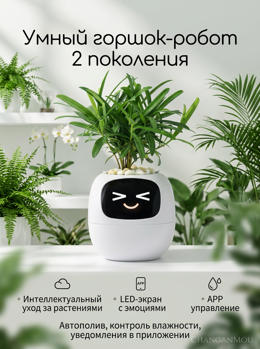 Эмоциональный робот второго поколения с интеллектуальной цветочной тарелкой Smart Plant, белое кашпо с автополивом