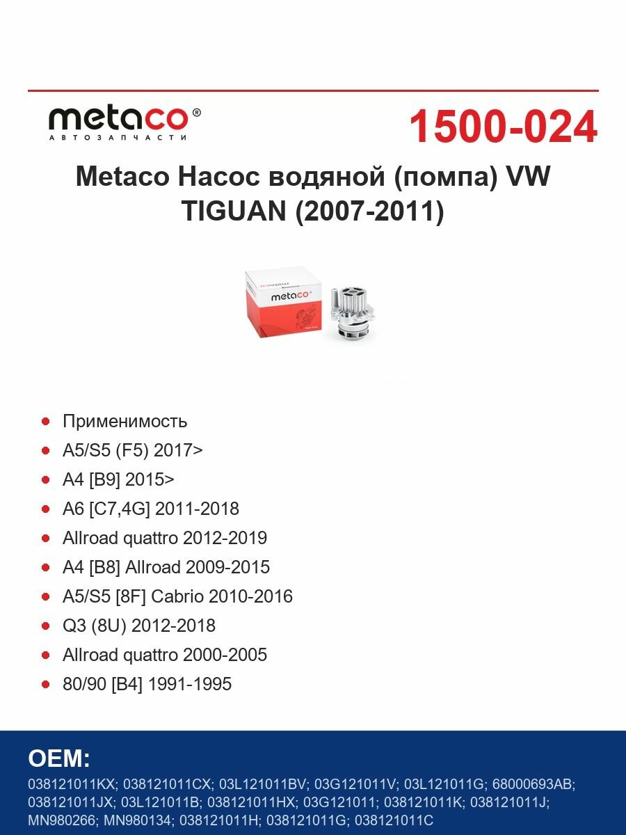 Metaco Насос водяной (помпа) VW TIGUAN (2007-2011)