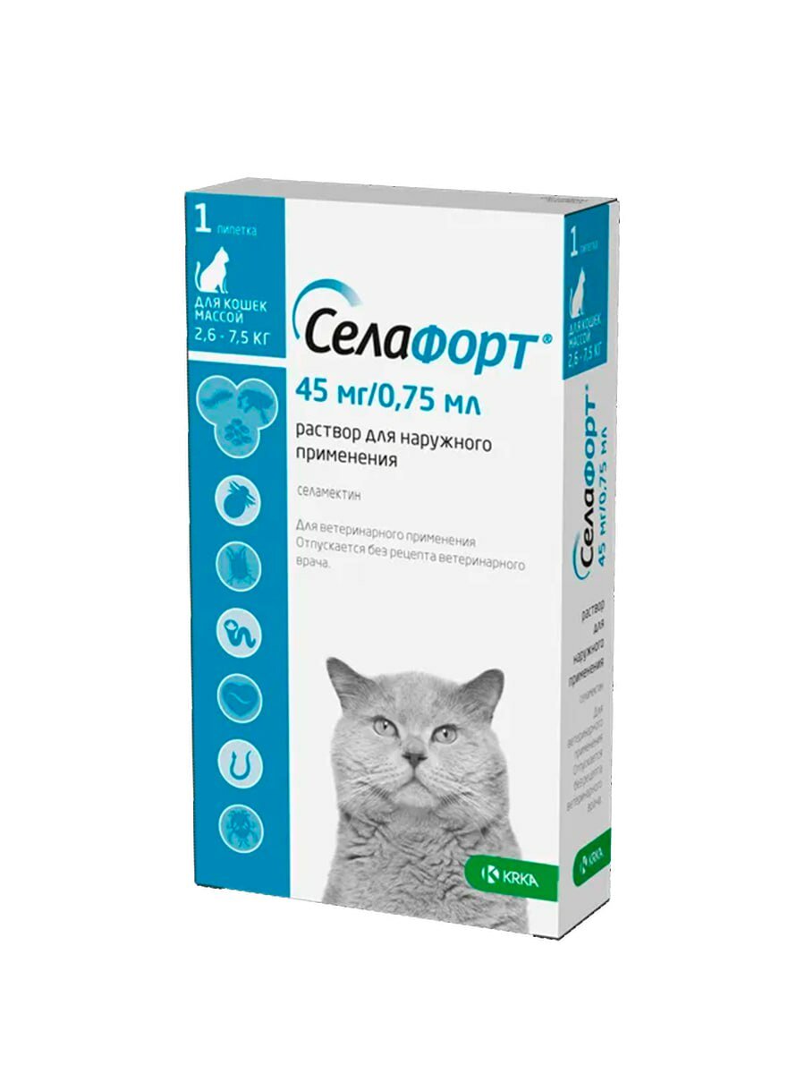 Селафорт капли на холку для кошек весом от 2,6 до 7,5 кг, от блох, клещей и гельминтов, 45мг