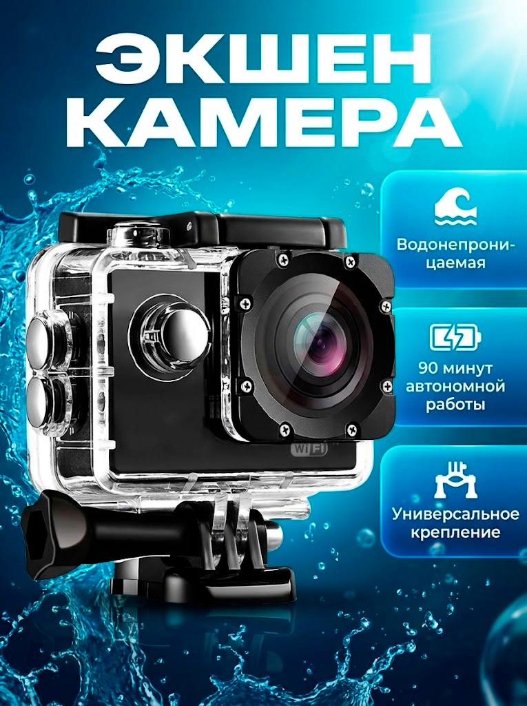 Экшн-камера 4K HD, экшен камера с водонепроницаемым чехлом для подводной съемки, универсальное крепление, черный