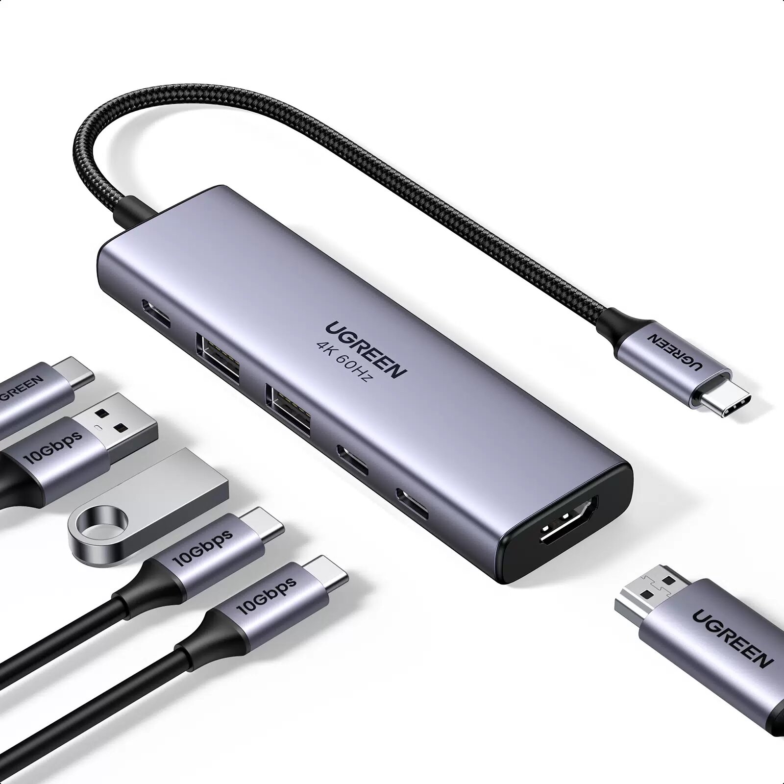 Хаб (разветвитель) UGREEN CM511 Revodok, серый (20956a), USB 3.2х3, HDMI х 1, SD х 1, пассивный