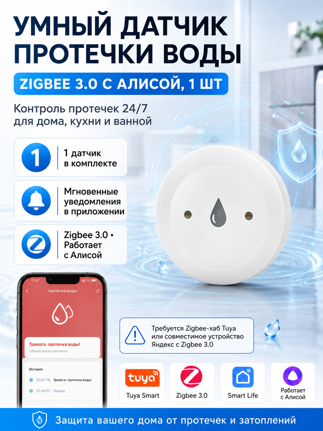 Умный датчик протечки воды Zigbee 3.0 с Алисой, Water Leak Sensor,1шт