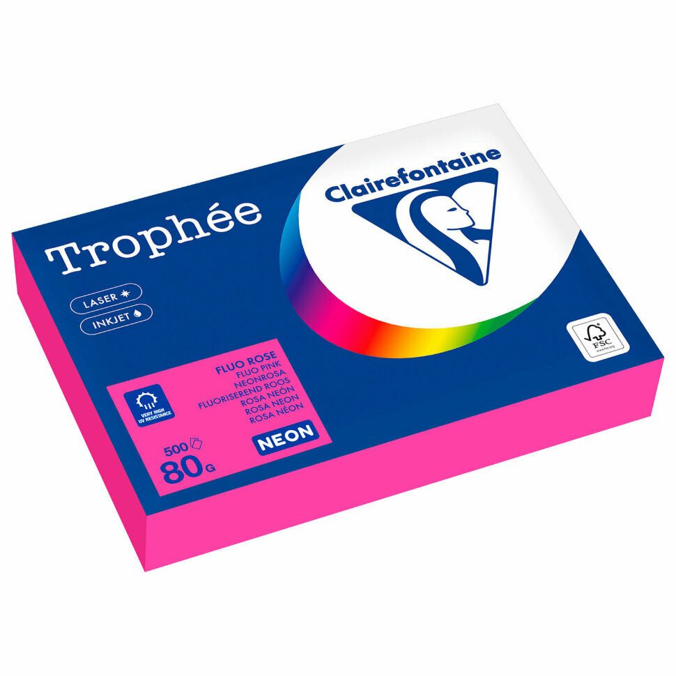 Бумага цветная CLAIREFONTAINE, А4, 80 г/м2, 500 л, неон, розовый, Франция, 2973PC, 116724