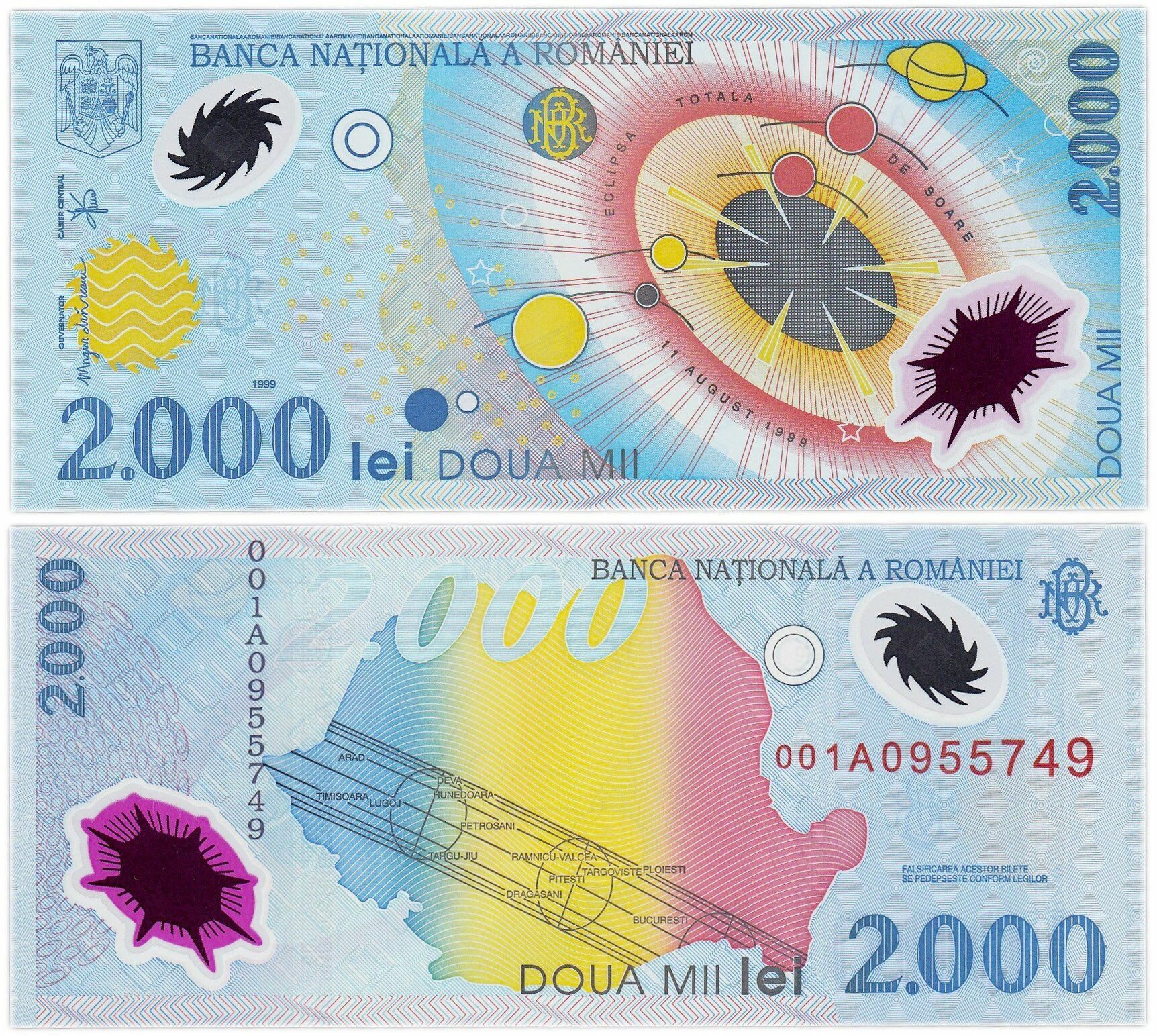Румыния 2000 лей 1999 года "Полное солнечное затмение", полимерная (пластиковая) банкнота. Состояние пресс, unc