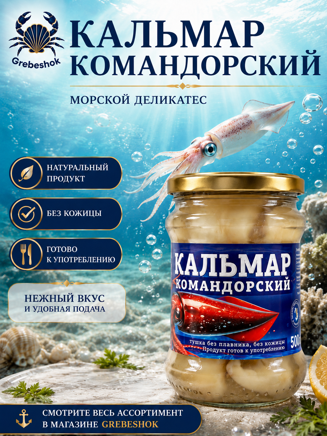 Кальмар Командорский натуральный 500 г ( 3 шт комплект ) , в собственном соку