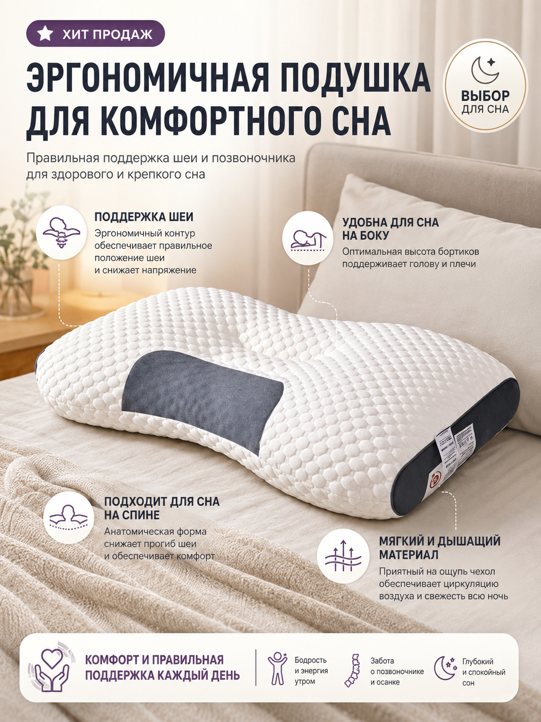 Ортопедическая подушка 50x70см, высота 5 смОртопедическая подушка с зональной поддержкой шеи для сна на спине и боку