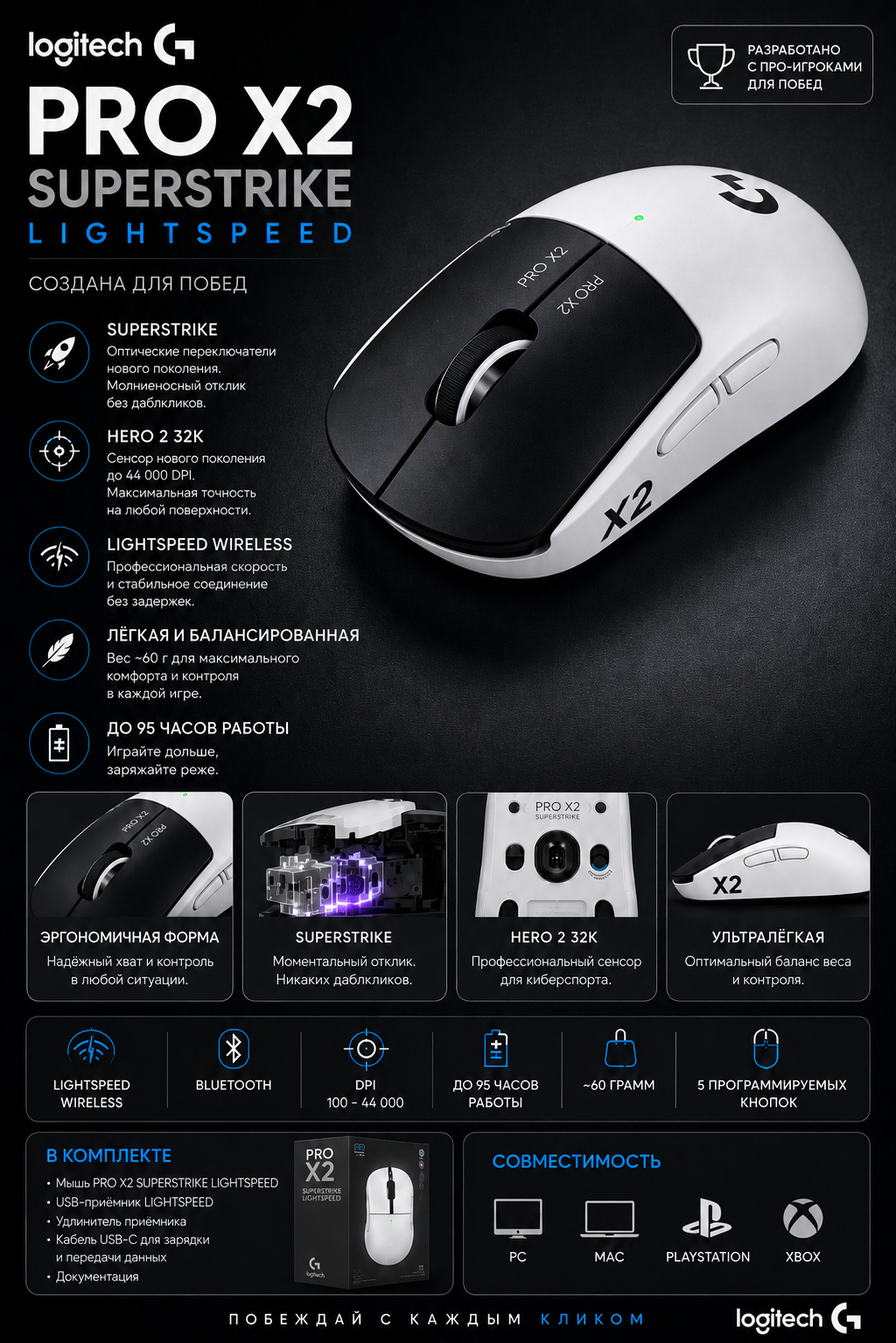 Мышь игровая Logitech G PRO X2 SUPERSTRIKE, беспроводная, оптическая