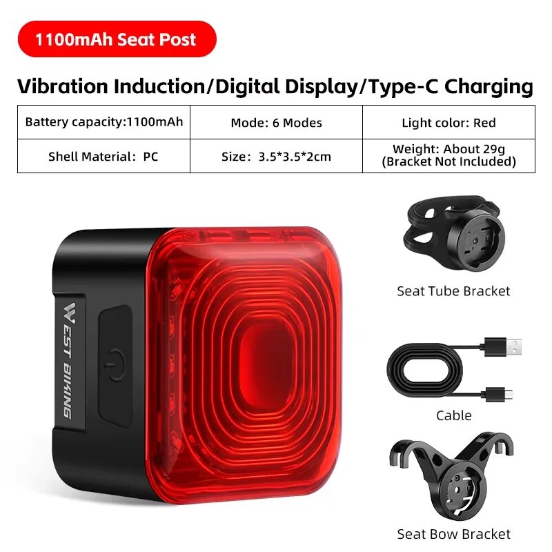 WEST BIKING Задний фонарь на подседельный штырь 1100mAh, красный