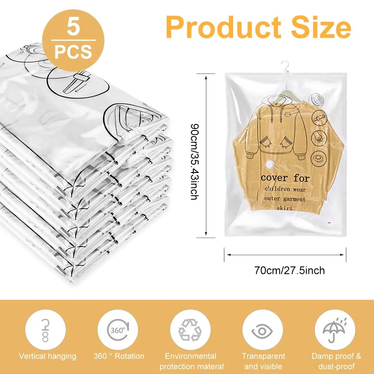 Вакуумные пакеты для хранения одежды 5 шт 5 Pack S(70X90cm)