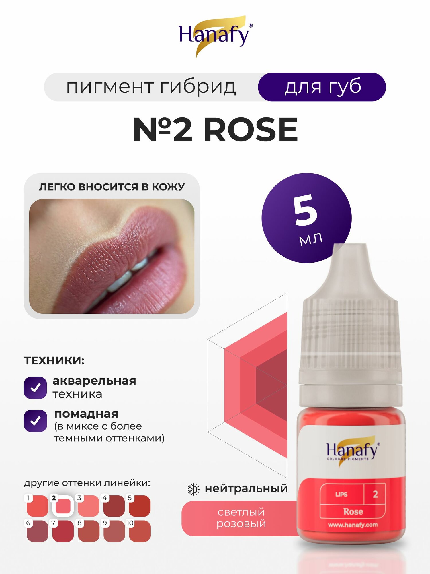 Пигмент для татуажа и перманентного макияжа губ №2 Rose, 5мл