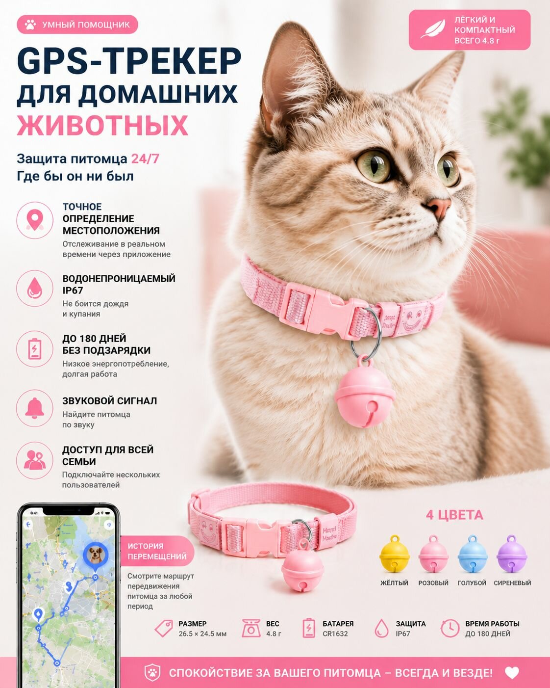 Трекер для кота с сертификацией Google, GPS-ошейник для отслеживания питомца, локатор предметов, интеллектуальная метка поиска, устройство для