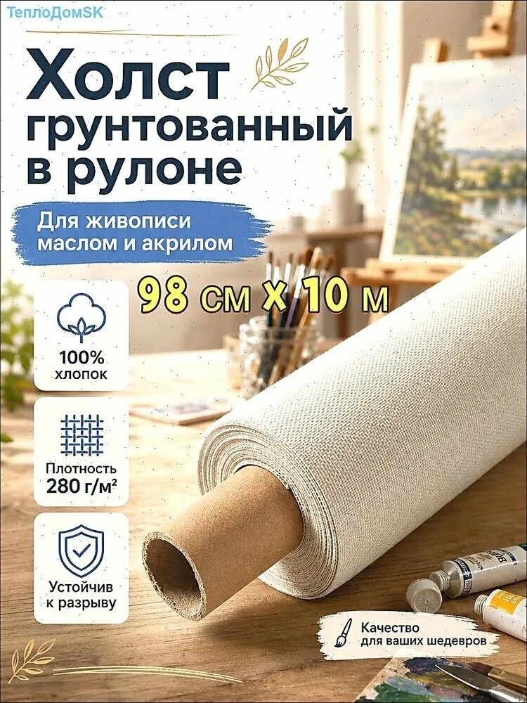 Холст для живописи, в рулоне, хлопок белый, 98x1000 см, 280 г/м