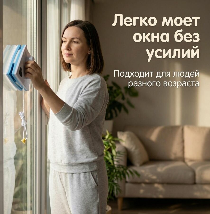 Магнитная щетка для мытья окон с двух сторон; Губка на магните для лоджий, балконов/ Стеклоочиститель