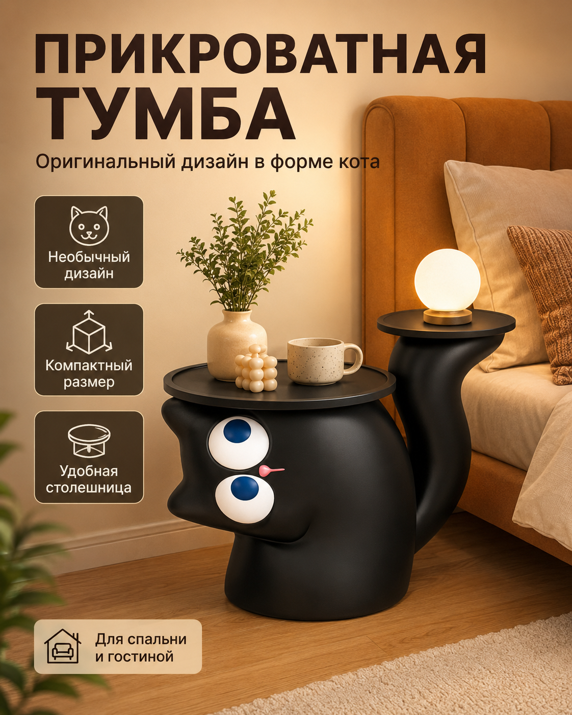 Фигурный приставной столик в виде черного кота с двумя столешницами 66×51×42 см