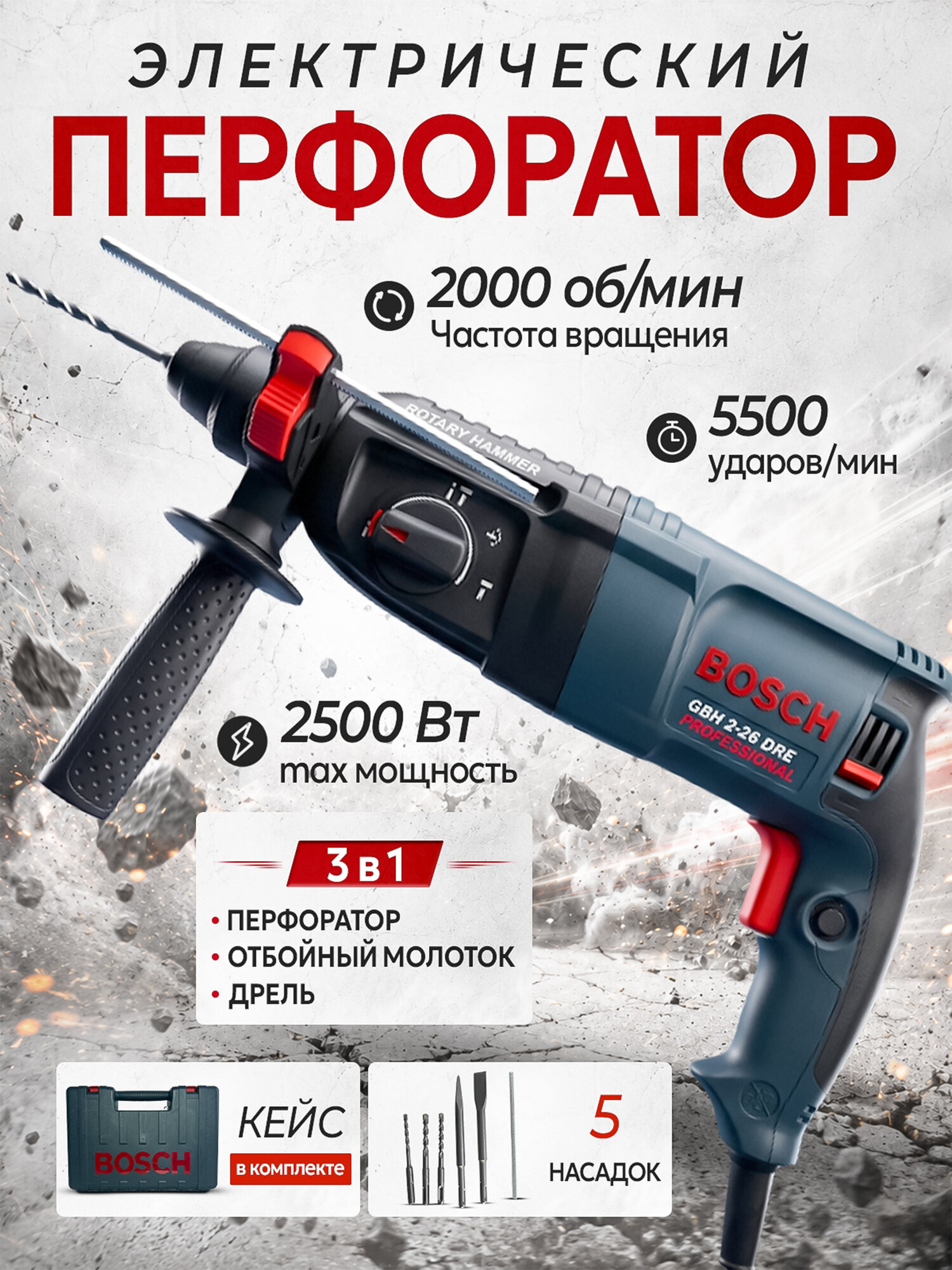 Перфоратор электрический сетевой 3в1 / 2500Вт