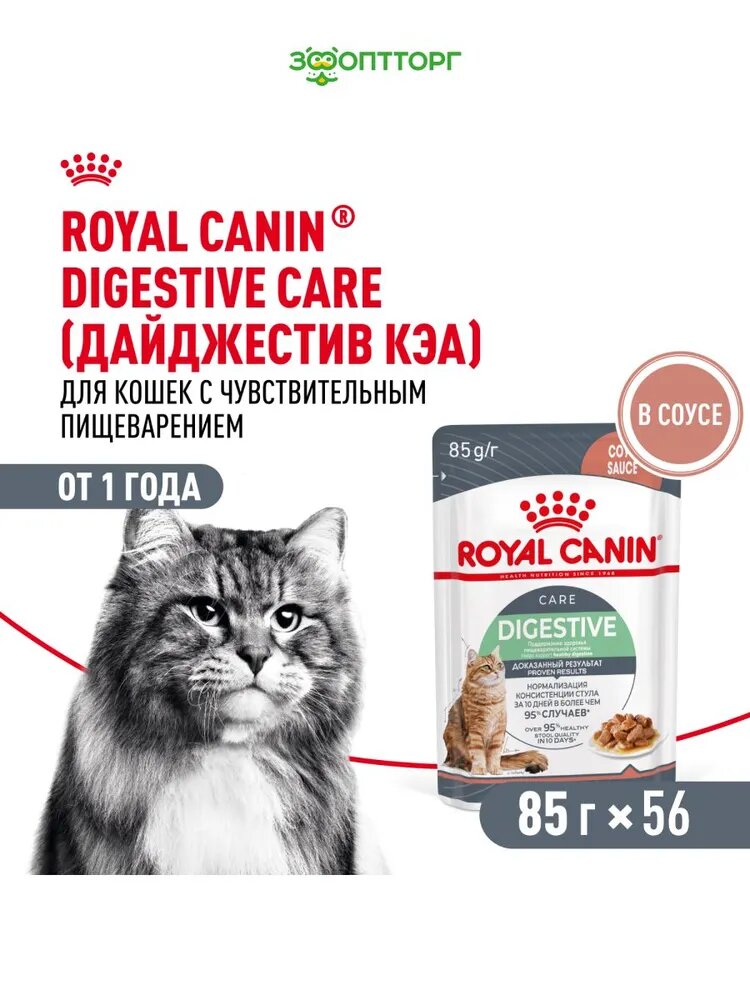 Влажный корм Royal Canin Digestive Care для кошек с чувствительным пищеварением (кусочки в соусе), Мясо, 85 г. х 28 шт, 2 упаковки
